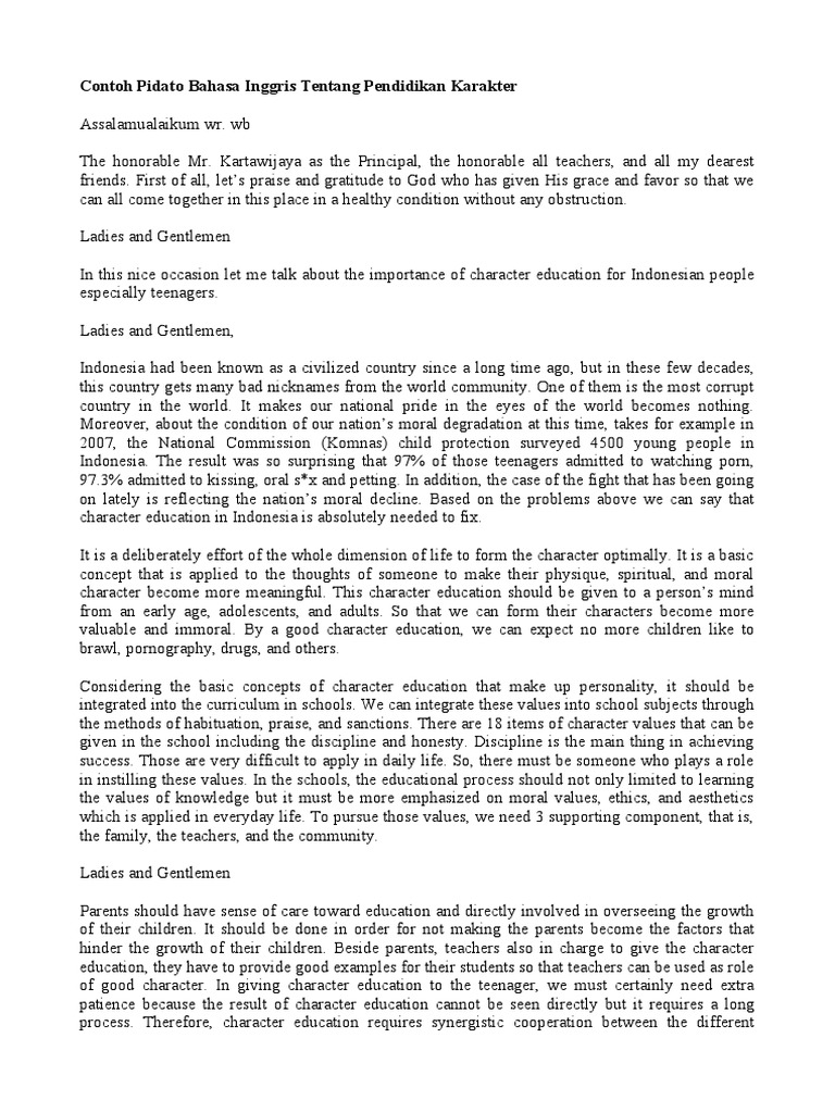 Contoh Pidato Bahasa Inggris Tentang Pendidikan Karakter | PDF | Teachers | Psychological Concepts