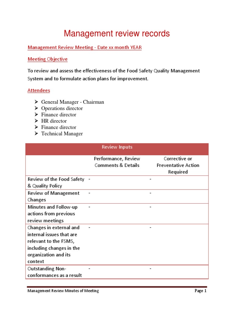 Management Review Record | PDF | Food Safety | Audit