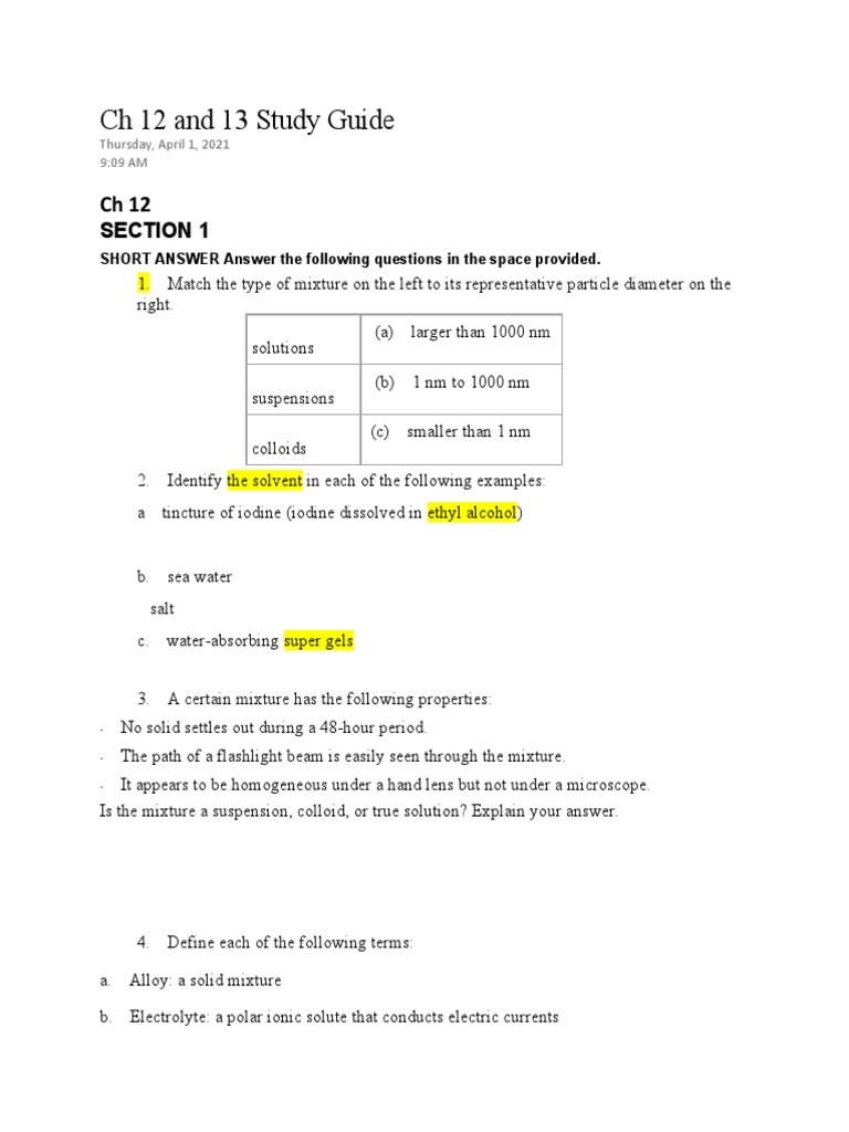 CH 12 and 13 Study Guide | Download Free PDF | Solubility | Mixture