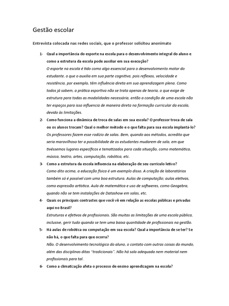 Perguntas para A Entrevista Gestão Escolar | PDF | Aprendizado | Escolas
