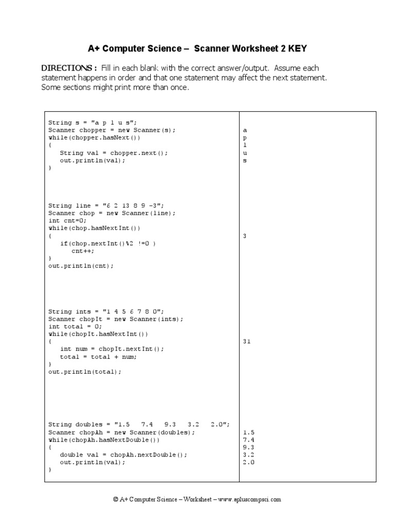 Scanner Worksheet2 Java Aplus Key-1 | PDF Scanner Worksheet2 Java Aplus Key-1 | PDF