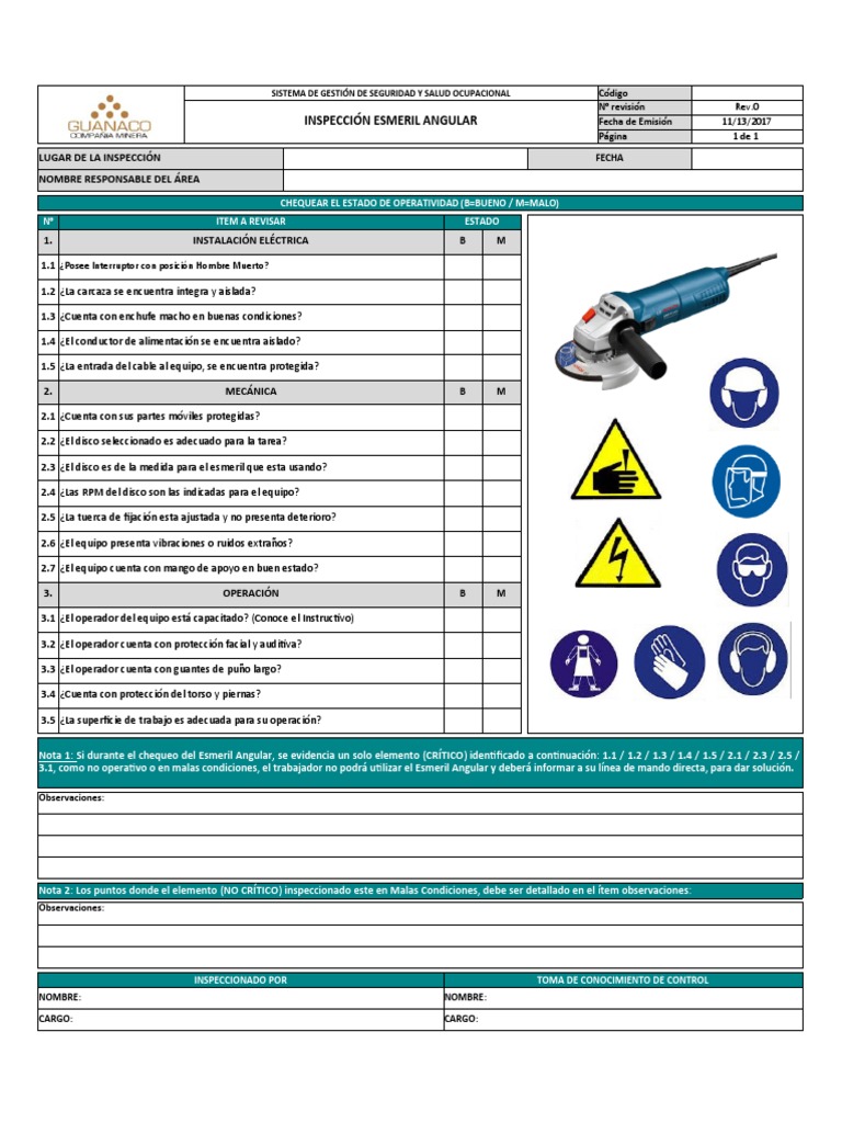 Checklist de Inspección Esmeril Angular | PDF | Ingenieria Eléctrica | Bienes manufacturados