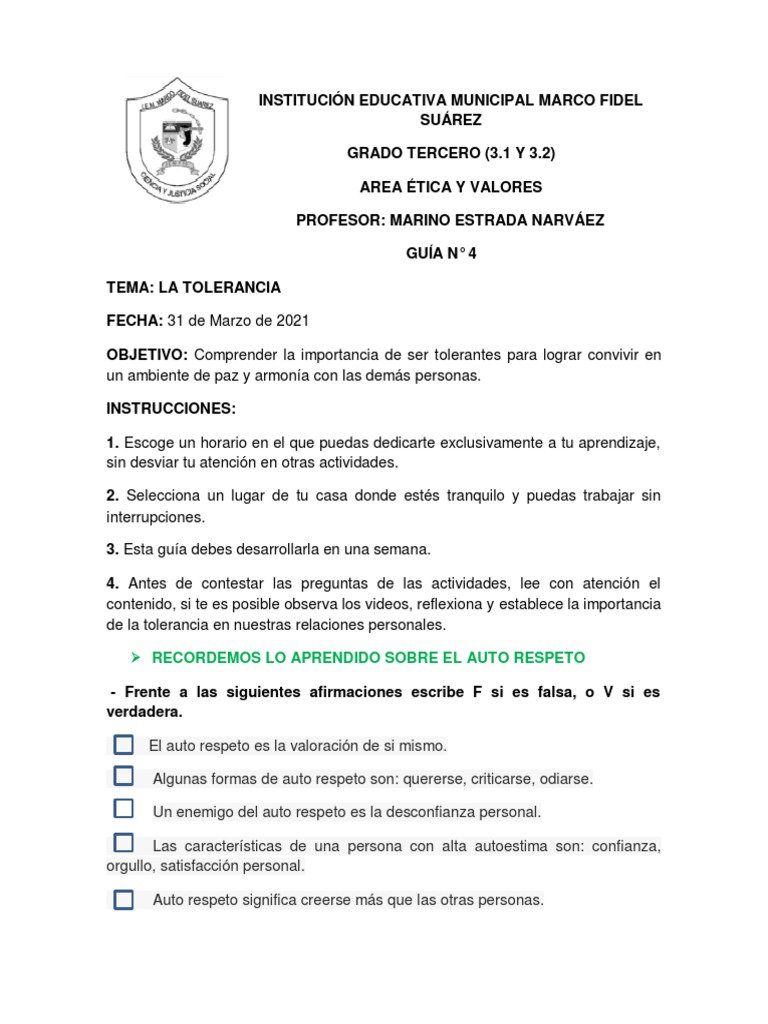 GUIA #4 DE ETICA La Tolerancia 3° | PDF | Tolerancia | Racismo