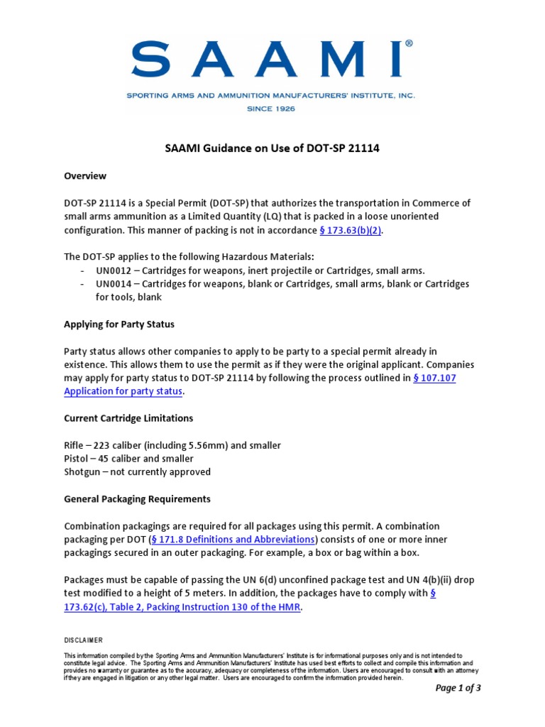 SAAMI Guidance On DOT SP 21114 3 14 2022 | PDF | Firearms | Cartridge ...