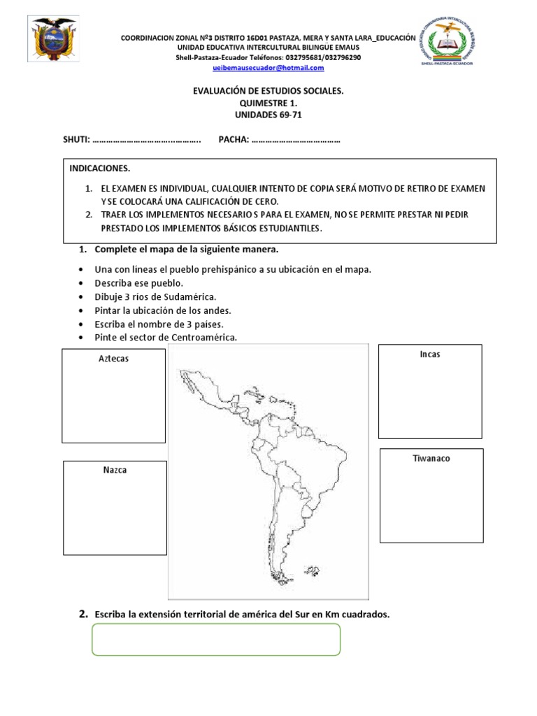 Evaluación de Estudios Sociales 9no Quimestre 1 | PDF