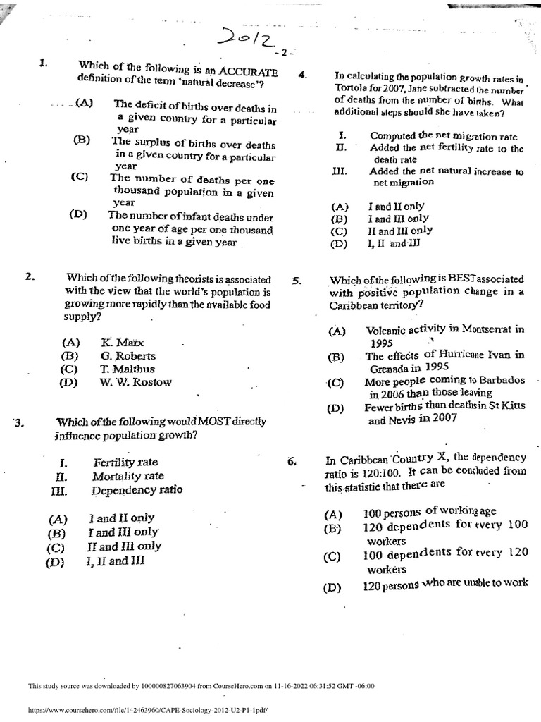 CAPE Sociology 2012 U2 P1 1 PDF | PDF