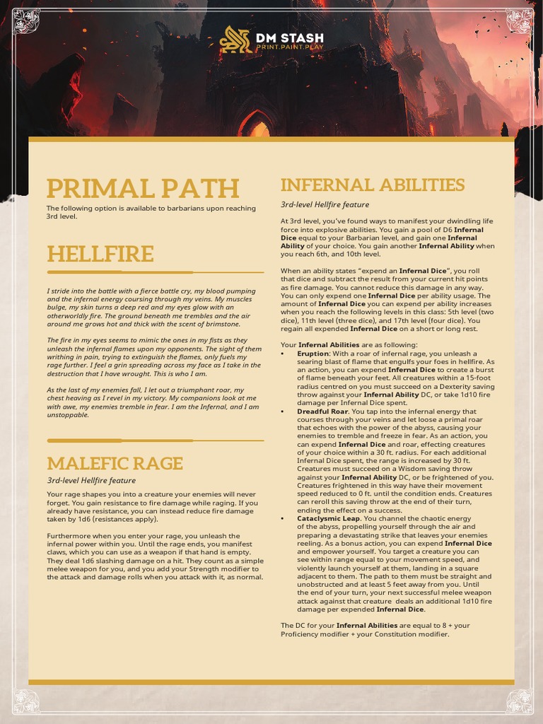 Hellfire Barbarian Subclass - DM Stash | PDF