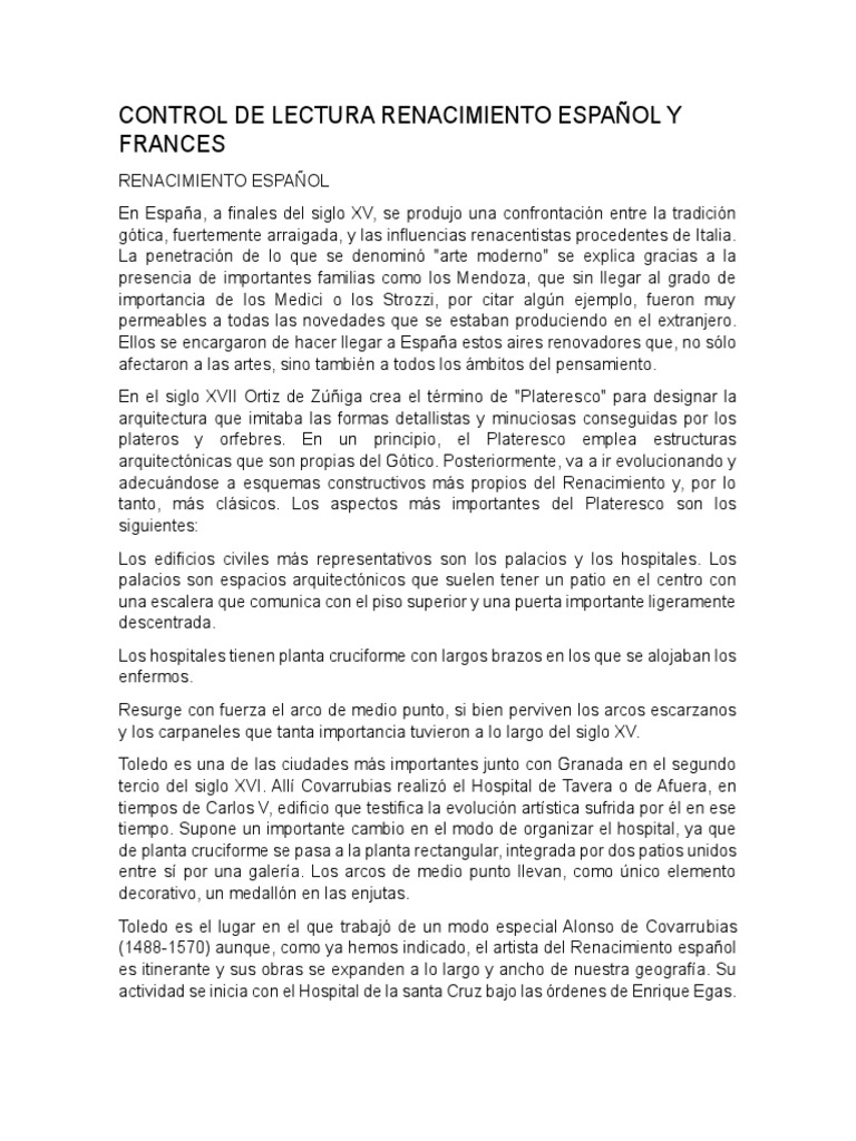 Control de Lectura Renacimiento Español y Frances | PDF | Renacimiento ...