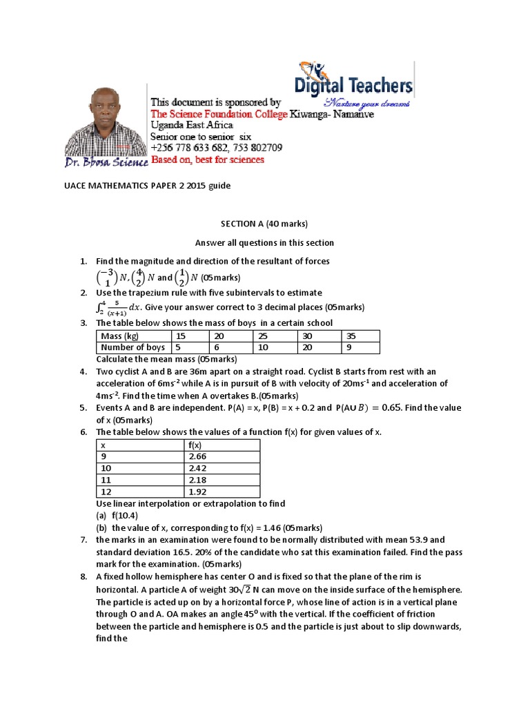 UACE MATHEMATICS PAPER 2 2015 Marking Guide | PDF | Force | Sphere