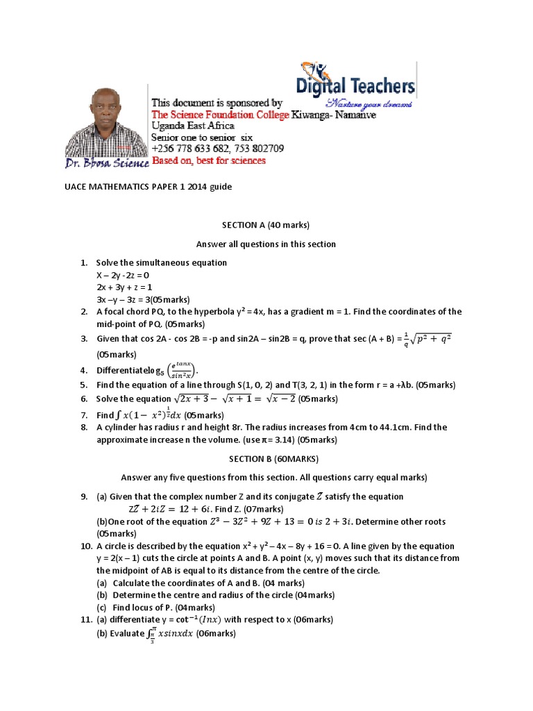 UACE MATHEMATICS PAPER 1 2014 Marking Guide | PDF | Circle | Plane ...