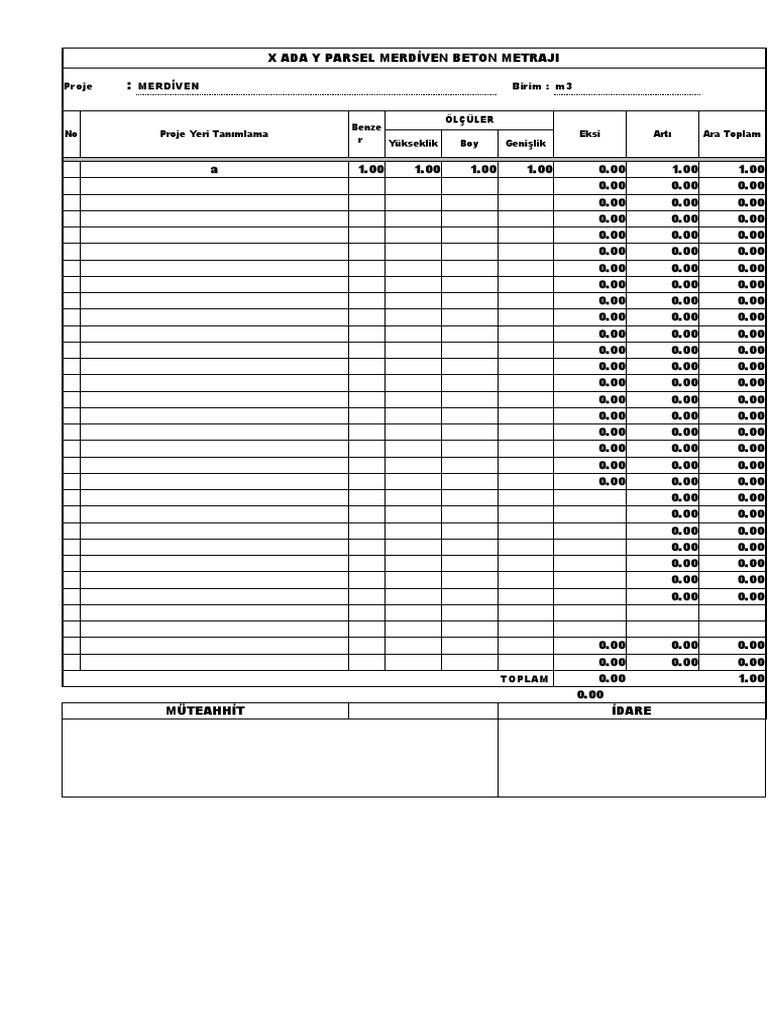Beton Metraj Tablosu | PDF