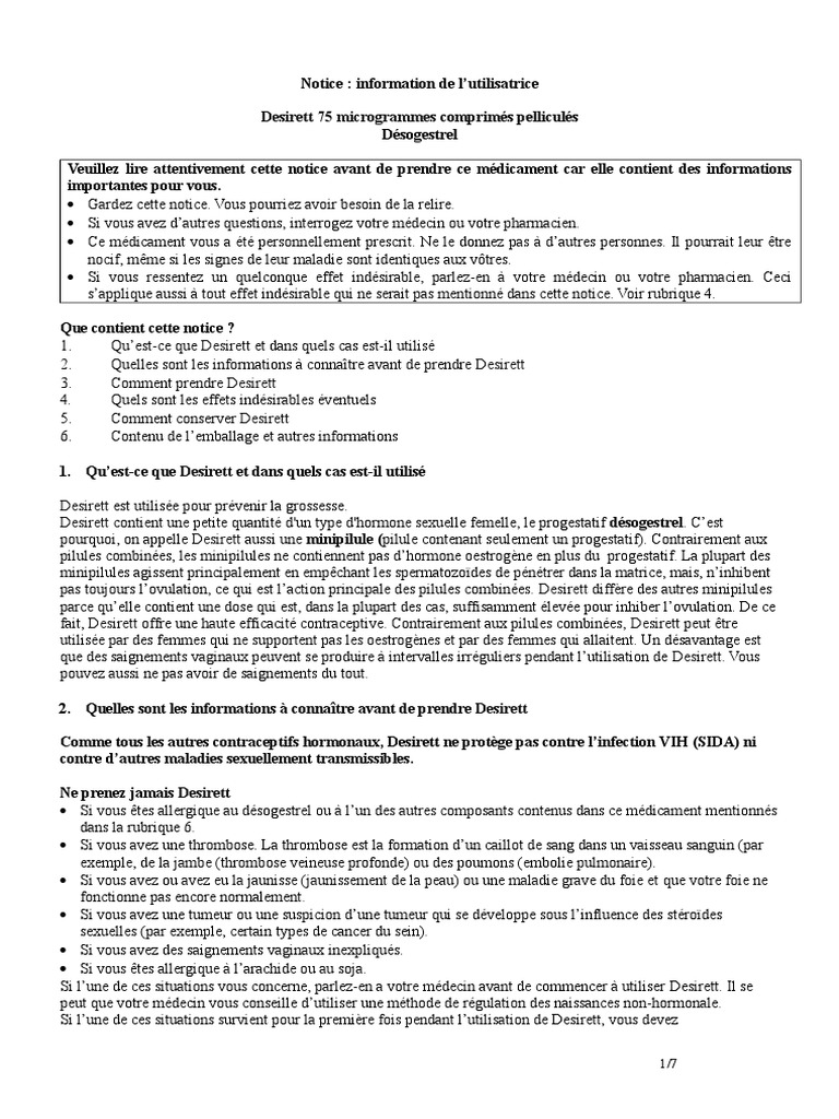 Avis et informations sur Desirett 75 mg | PDF | Contraception | Pilule ...