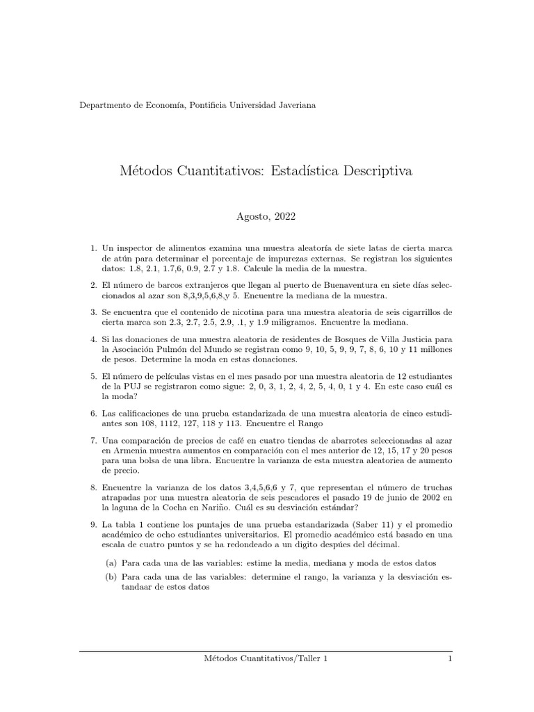 PR Ctica M Todos Cuantitativos PUJ-2 | PDF | Desviación Estándar | Histograma