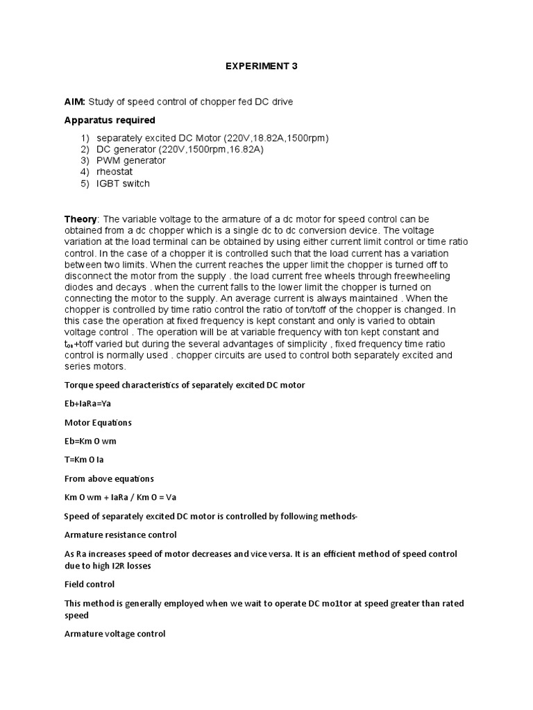 Study of Speed Control of a Separately Excited DC Motor Using a Chopper ...