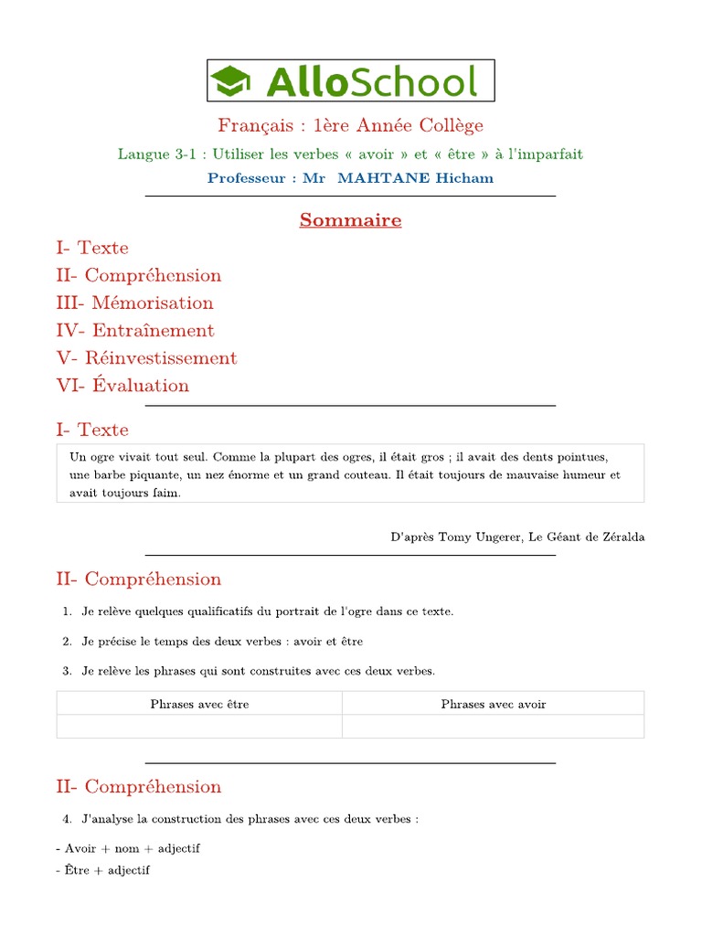 Langue 3 1 Utiliser Les Verbes Avoir Et Etre A L Imparfait 2 | PDF