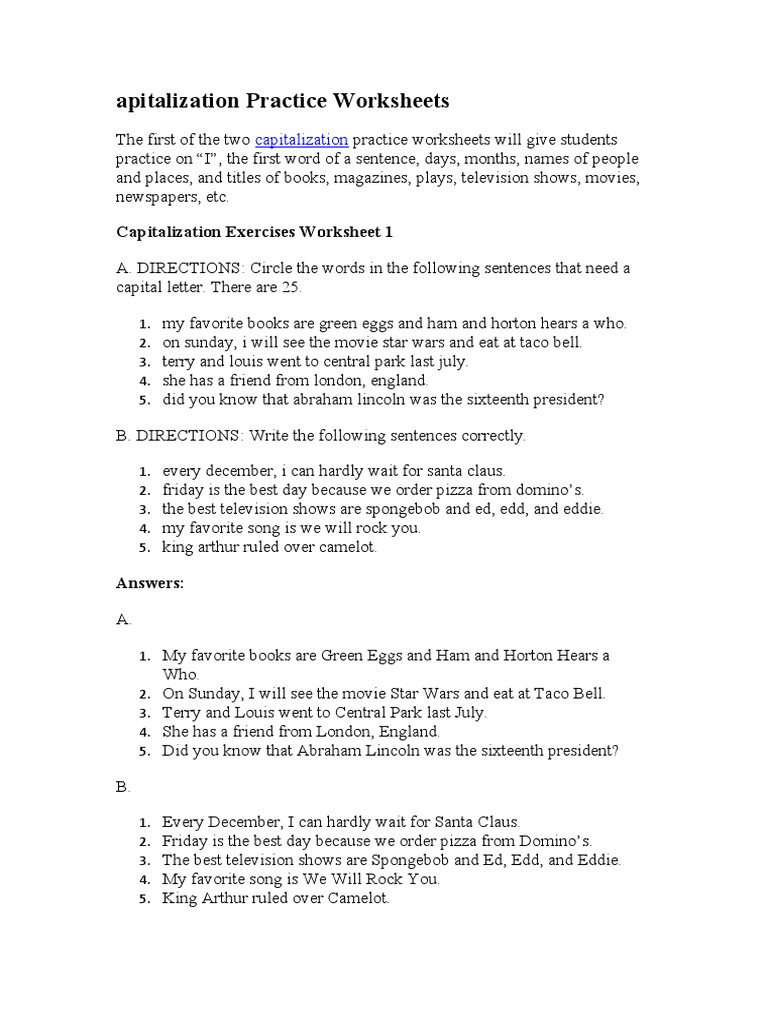 Capitalization Practice Worksheets | PDF