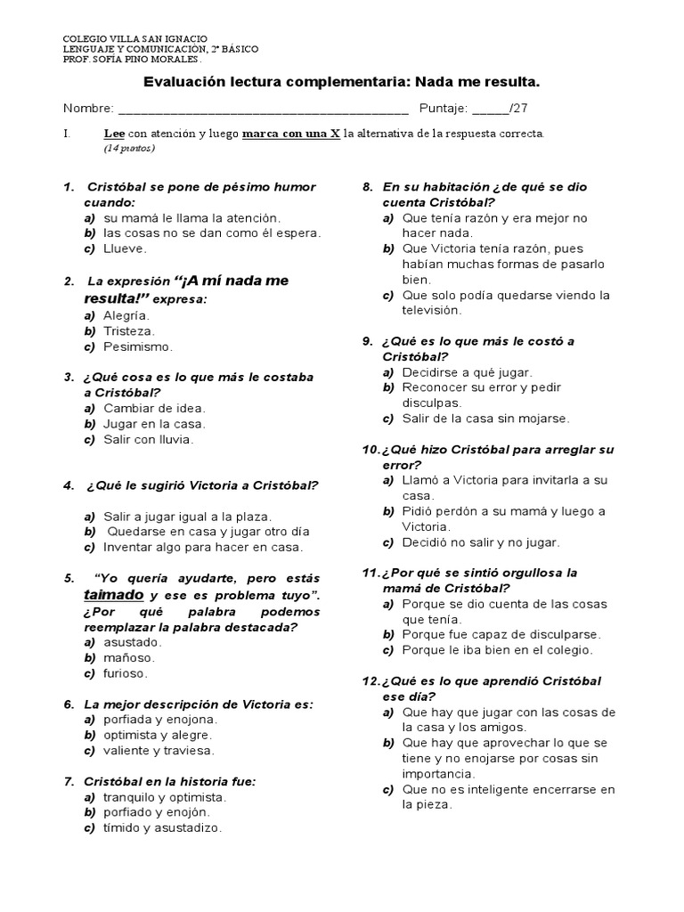 Evaluacion 2do Nada Me Resulta | PDF