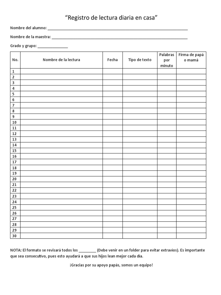 Registro de Lectura Diaria en Casa | PDF