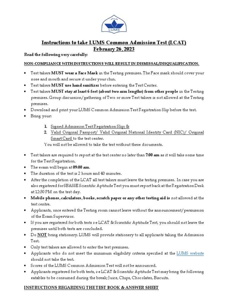 Instructions To Take LUMS Common Admission Test - F | PDF