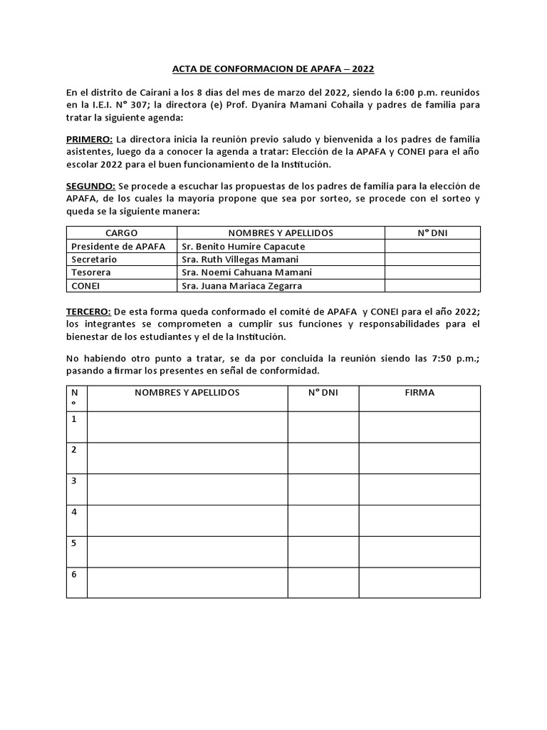 ACTA DE CONFORMACION DE APAFA | PDF | Gobierno