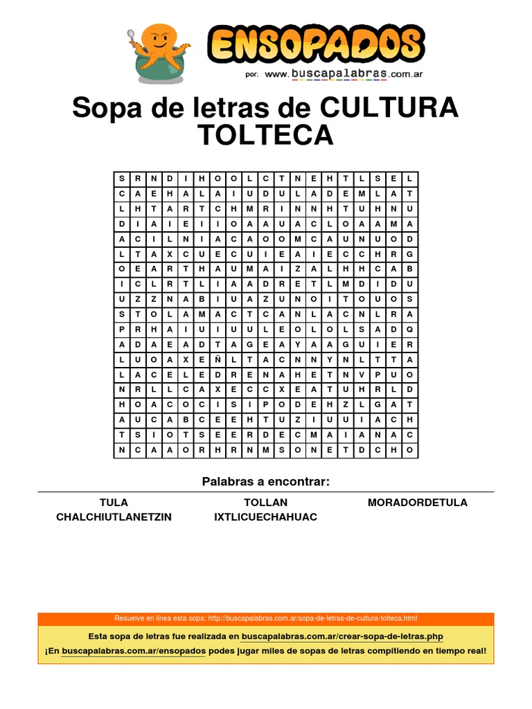 Sopa de Letras de Cultura Tolteca | PDF | Mesoamérica | Antropología ...