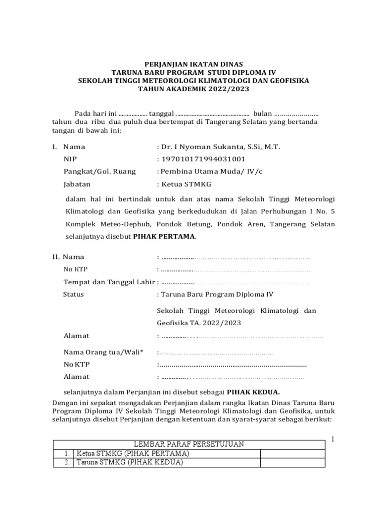 Form 1 Surat Perjanjian Ikatan Dinas Stmkg Pdf