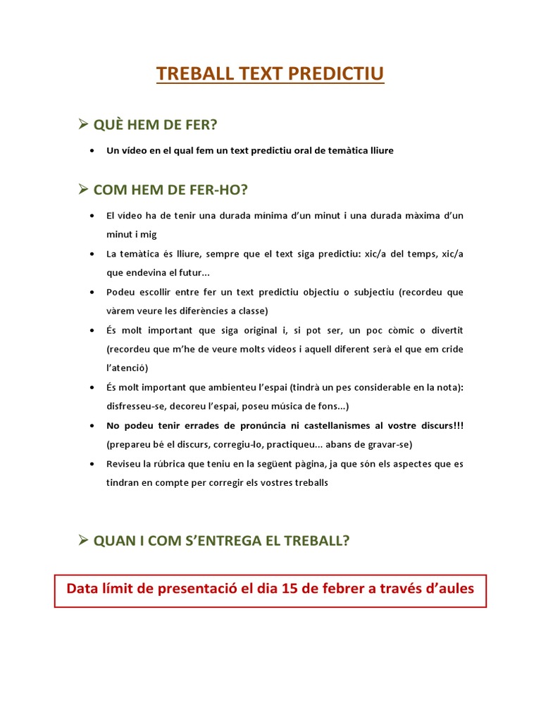 Instruccions I Rúbrica Treball Text Predictiu | PDF