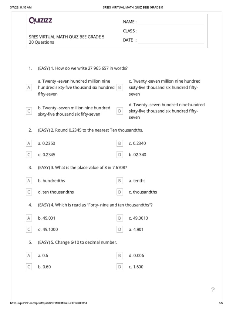 Sres Virtual Math Quiz Bee Grade 5 | PDF | Numbers | Mathematical Notation Sres Virtual Math Quiz Bee Grade 5 | PDF | Numbers | Mathematical Notation