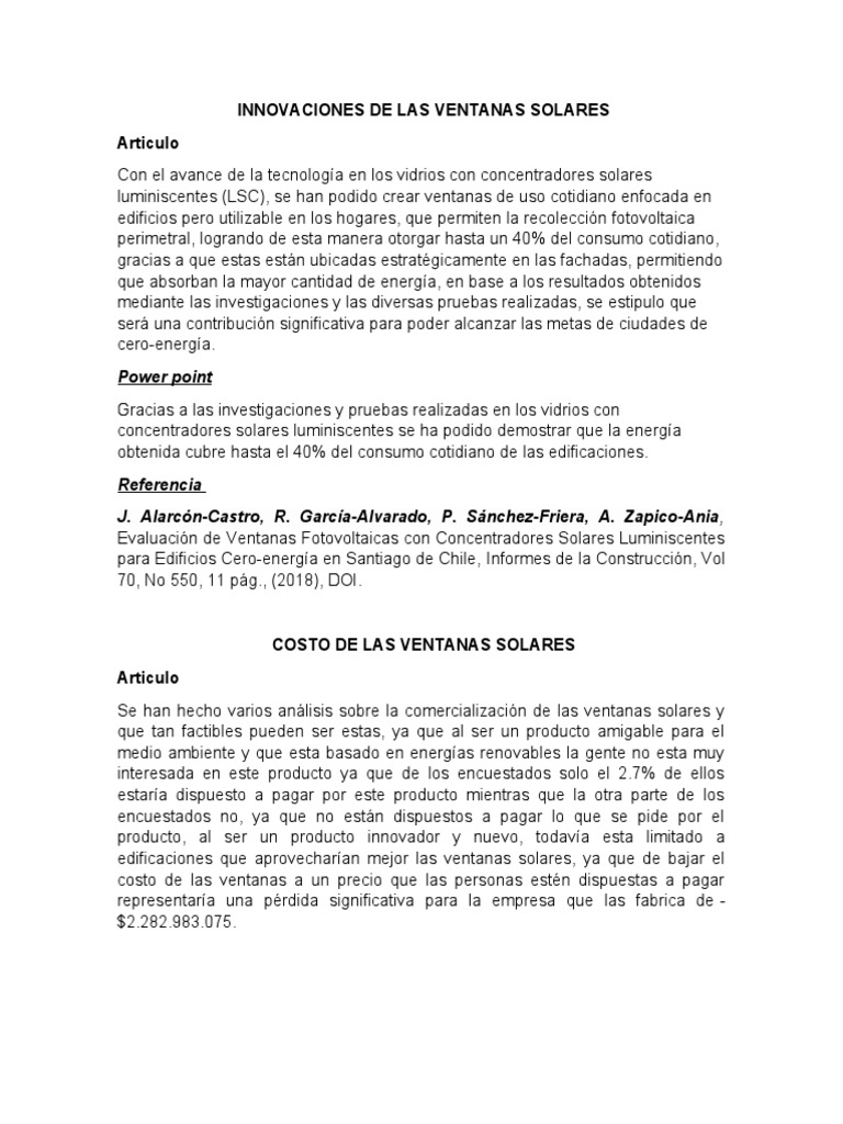 Unidad1. Inovaciones de La Ventanas Solares, Costos de Las Ventanas Solares | PDF | Fotovoltaica ...