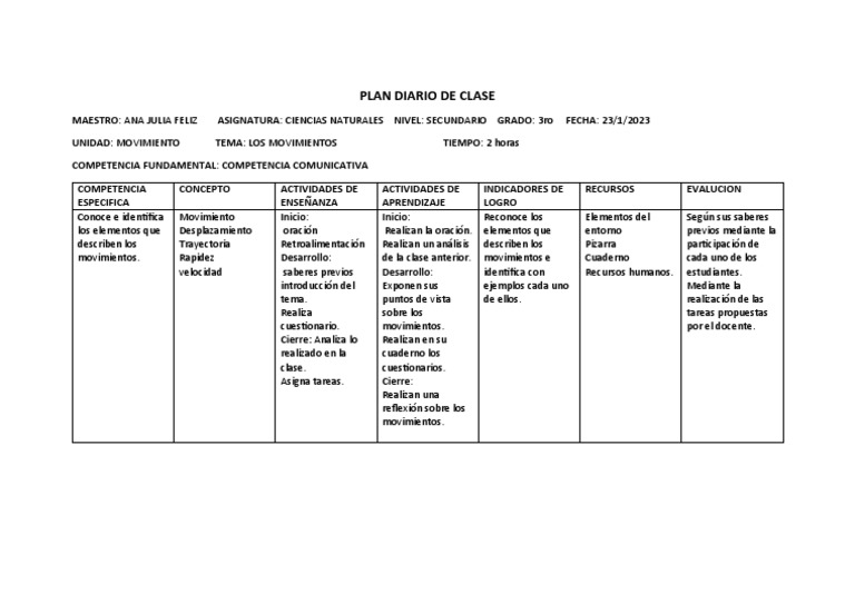 Plan Diario de Clase 3ro, Los Movimientos | PDF