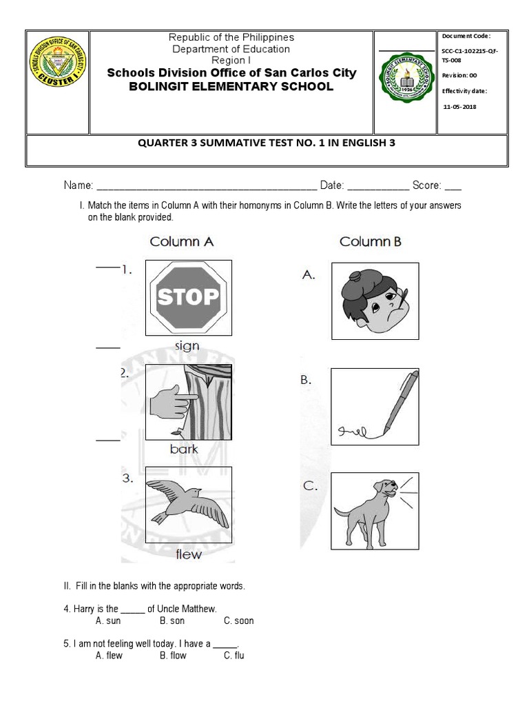 QUARTER 3 SUMMATIVE TEST NO. 1 IN English 3 | PDF