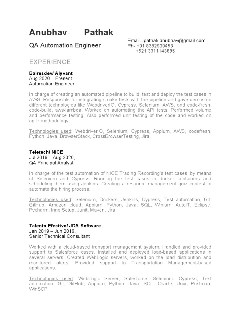 Anubhav Pathak Resume - QA Automation Eng | PDF | Databases | Selenium ... Anubhav Pathak Resume - QA Automation Eng | PDF | Databases | Selenium ...