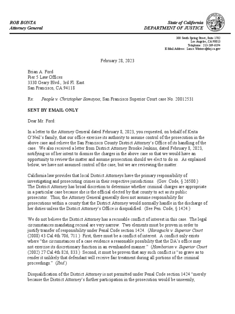 Letter Re: Samayoa Prosecution From Attorney General's Office | PDF ...
