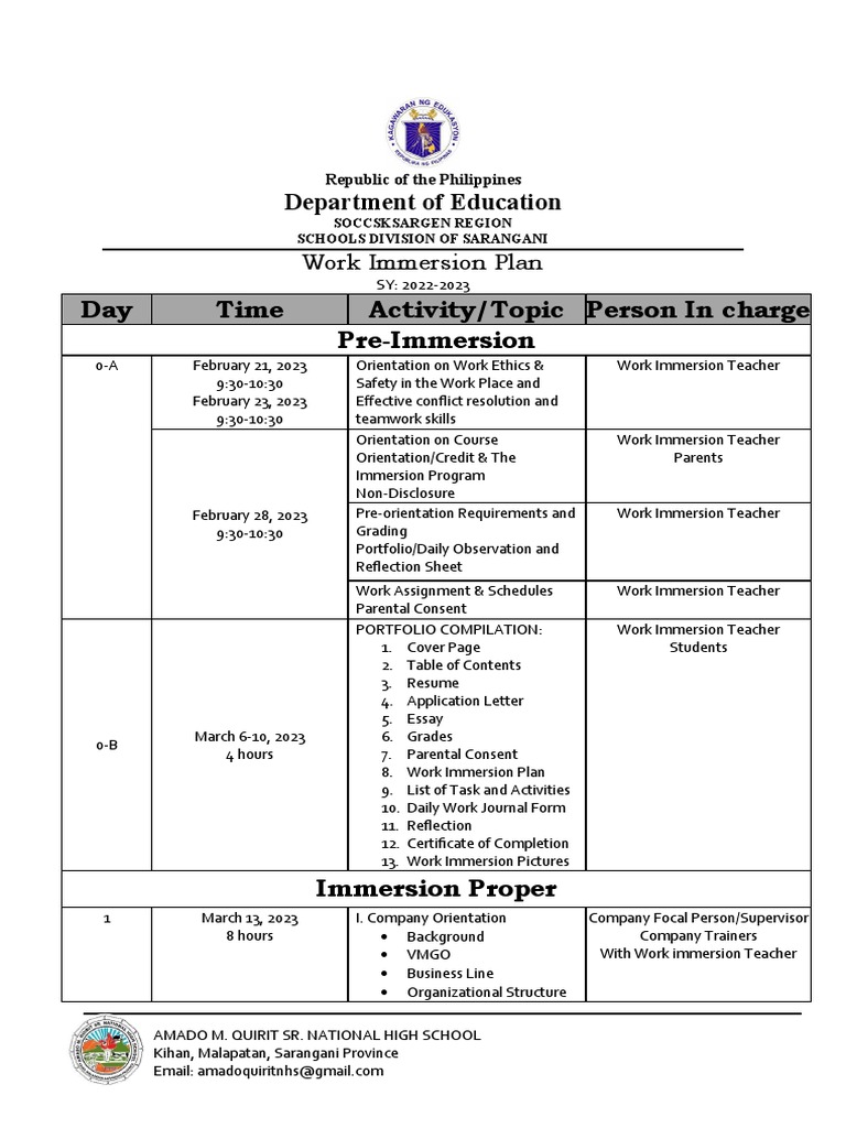 Work Immersion Plan | PDF | Teachers | Cognition