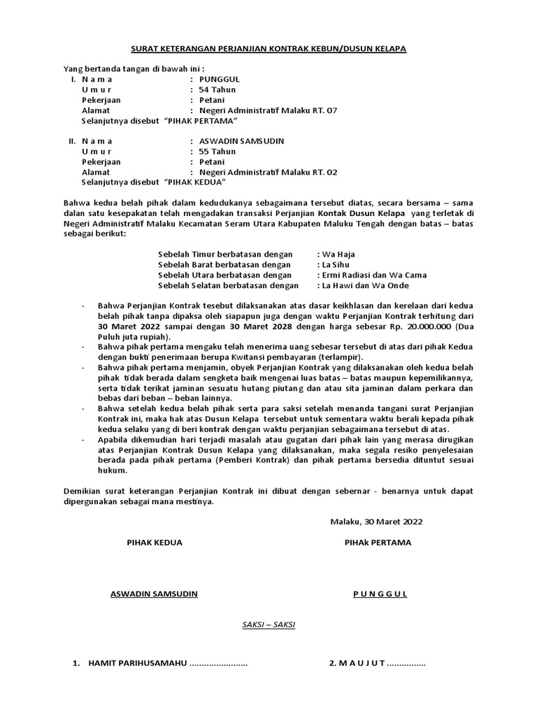 Surat Perjanjian Kontrak Kebun | PDF