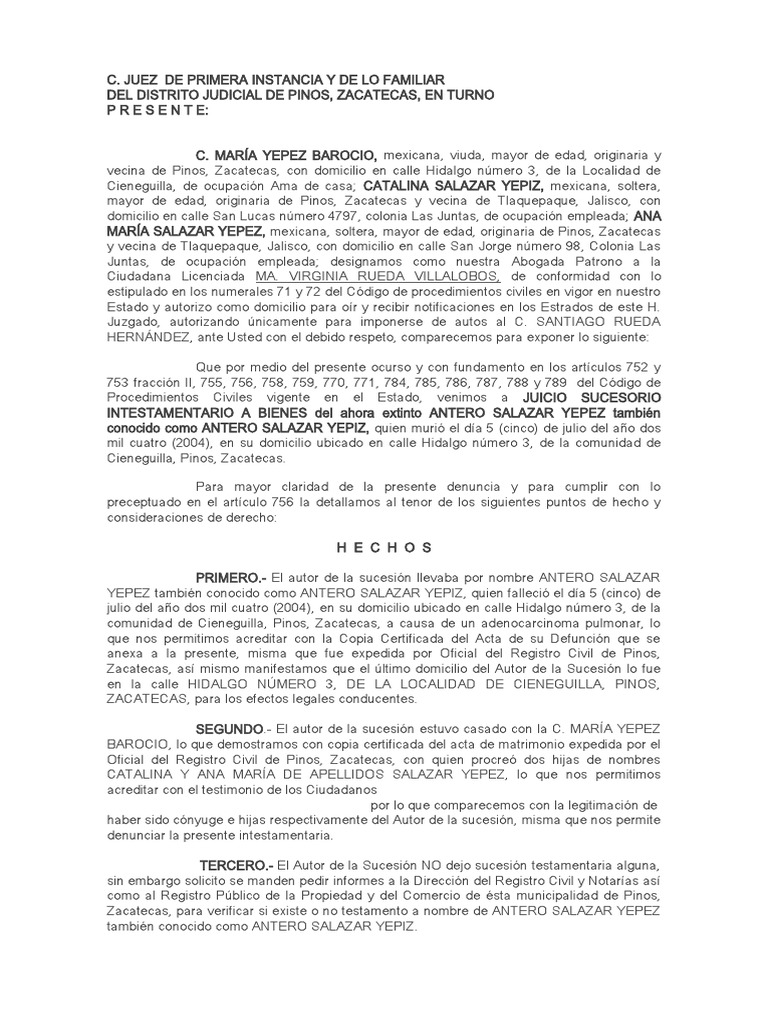 Dem. Sucesorio Intestamentario Maria Yepez | PDF | Parentesco y ...