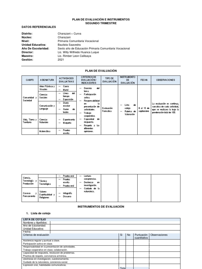 Plan de Evaluacion | PDF | Evaluación | Comunicación