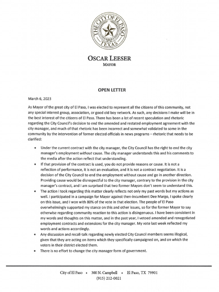 Mayor Open Letter To The Community March 6 2023 | PDF