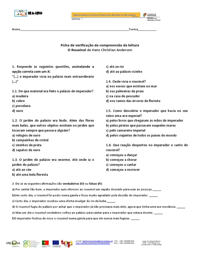 Ficha de Leitura O Rouxinol de HCAndersen | PDF