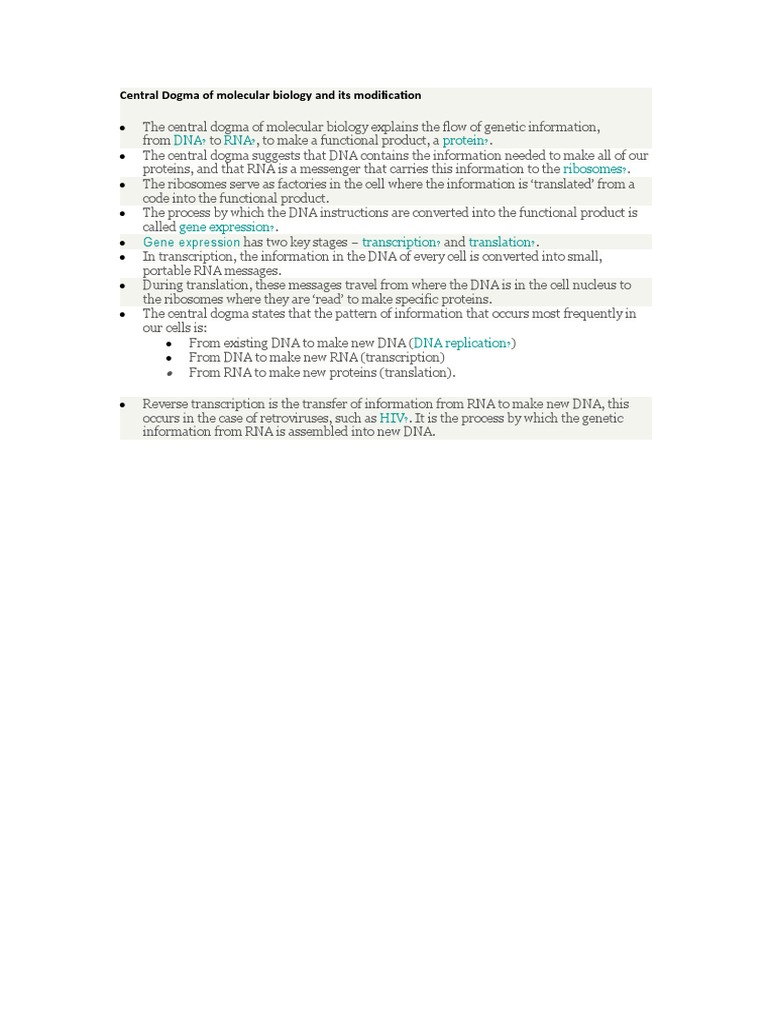Central Dogma of Molecular Biology and Its Modification | PDF