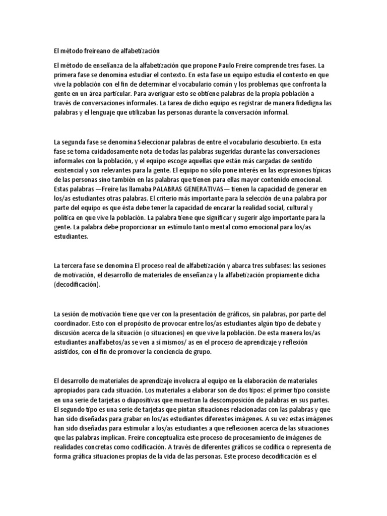 Fases Alfabetizacion Metodo Freireano | PDF | Literatura | Aprendizaje