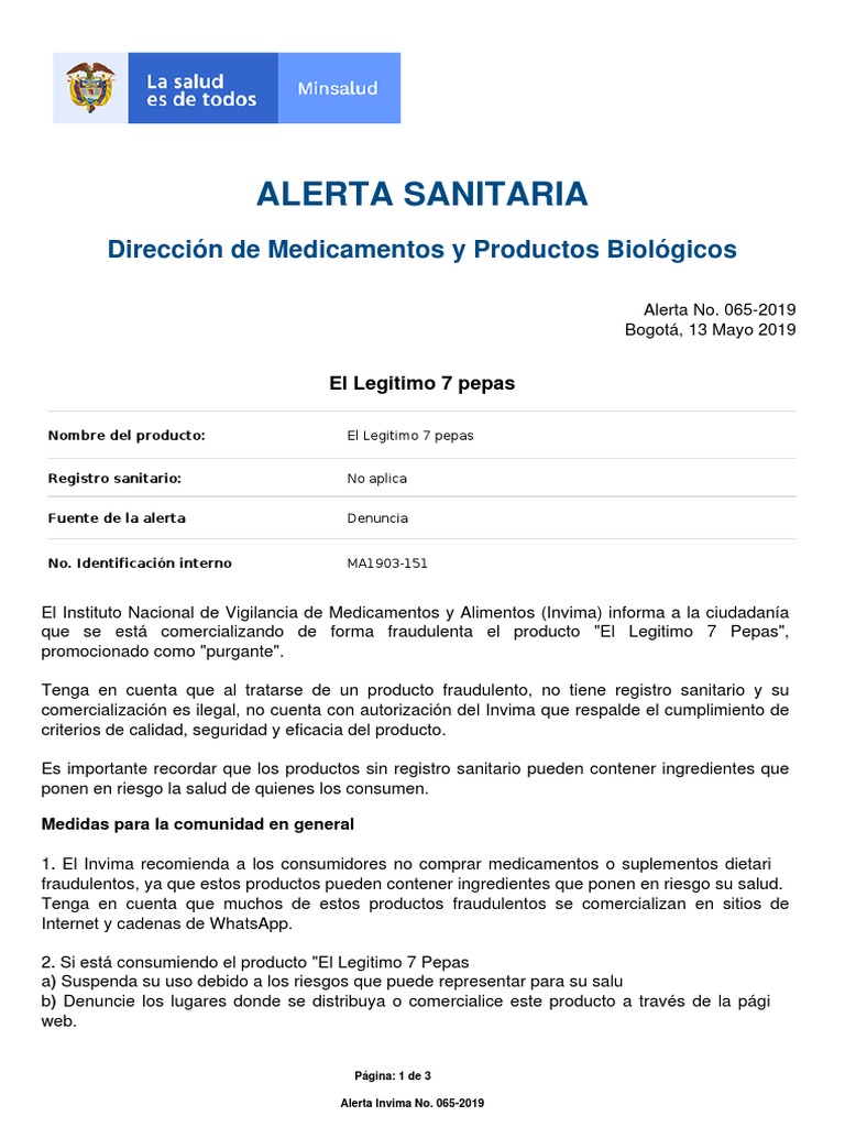 Alerta No - #065-2019 - El Legitimo 7 Pepas | PDF | Salud y bienestar