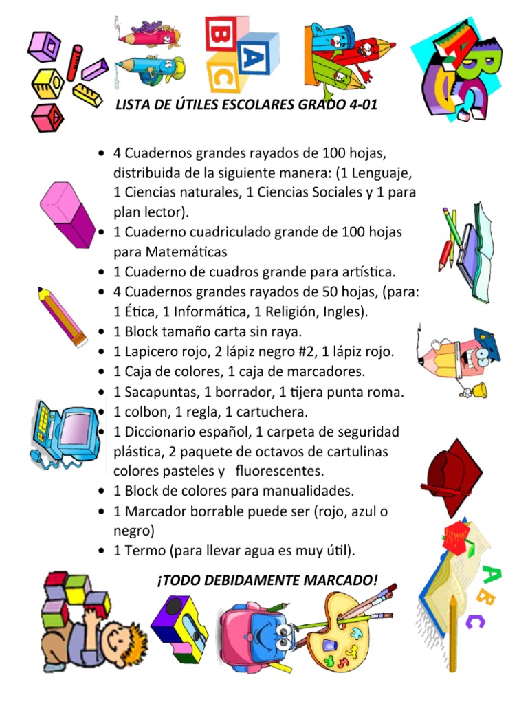 LISTA DE ÚTILES ESCOLARES GRADO 4 | PDF