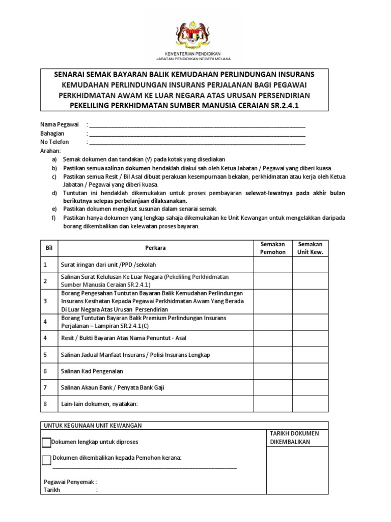 Senarai Semak Tuntutan Bayaran Balik Kemudahan Perlindungan Insurans | PDF