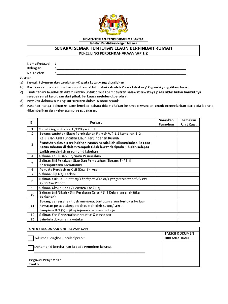 Senarai Semak Tuntutan Pindah Rumah | PDF