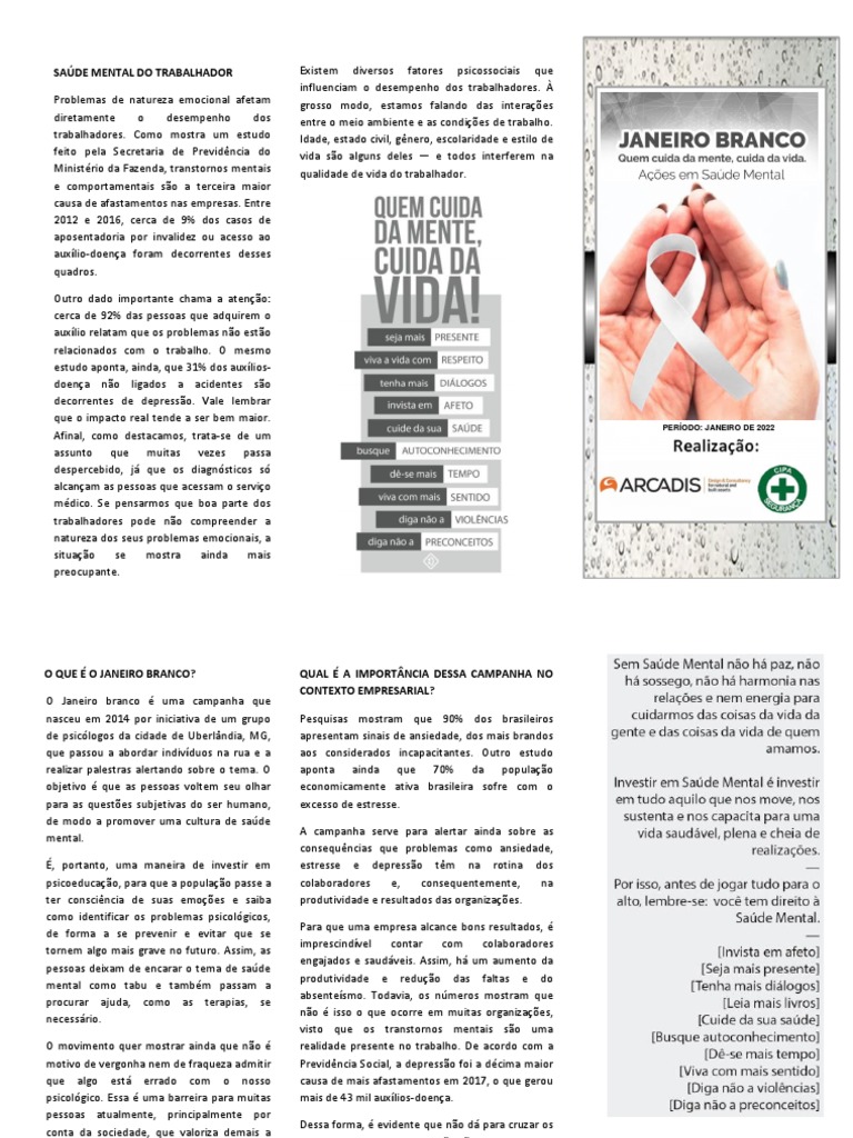 Folder Saude Mental Janeiro Branco - 2022 | PDF | Depressão | Distúrbio mental