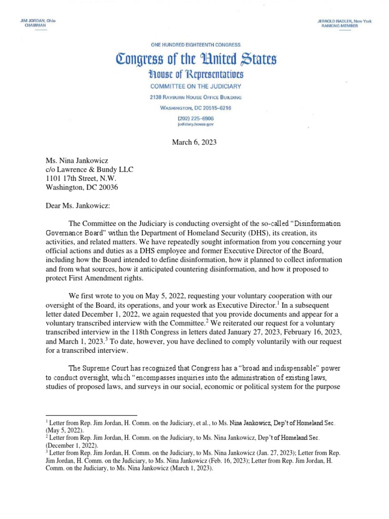 2023-03-06 Jankowicz Deposition Subpoena Cover Letter | PDF