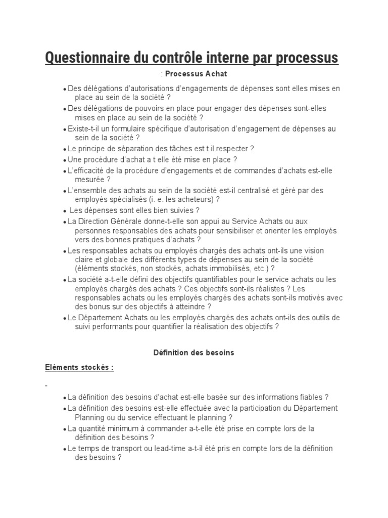Questionnaire Du Contrôle Interne Par Processus | PDF | Affaires | Finance et gestion monétaire