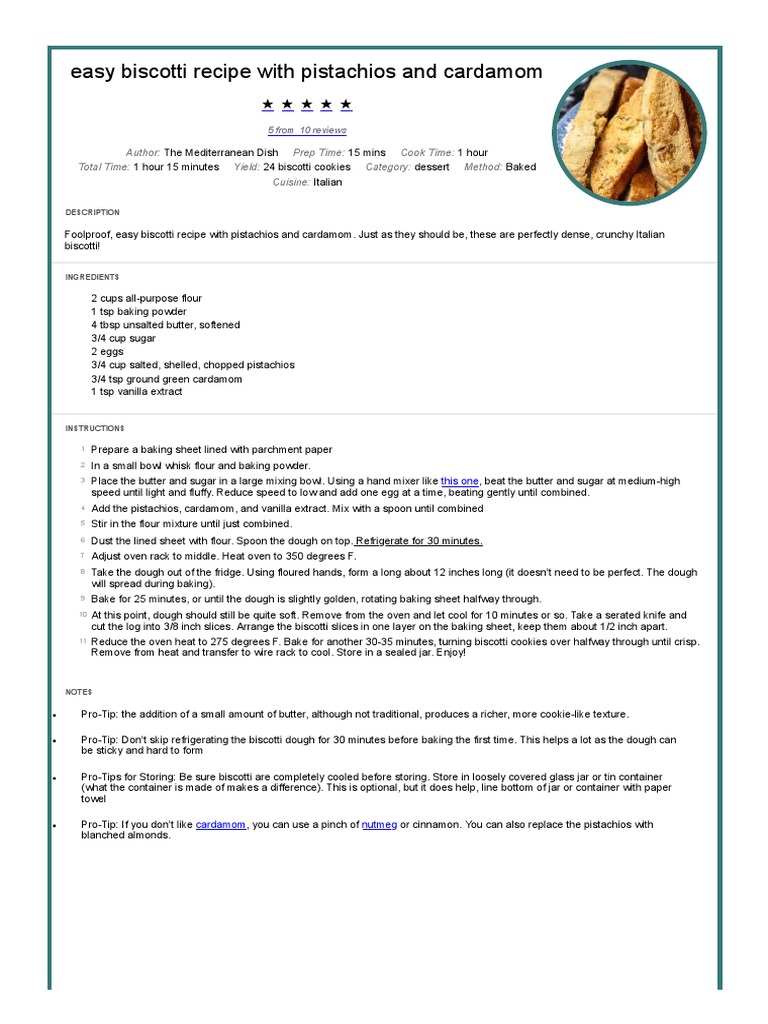 Pistachio Cardamom Biscotti Recipe | PDF | Baking | Flour