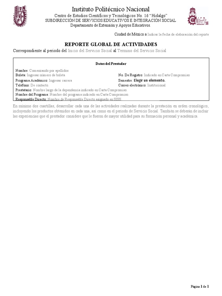 (Modalidad A Distancia) Reporte Global de Actividades SS | PDF